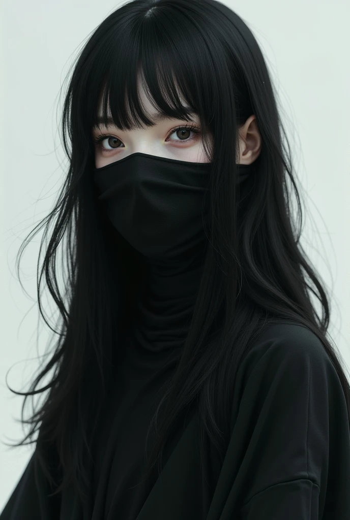 A white girl with black hair and black mask and some black soft emo ...