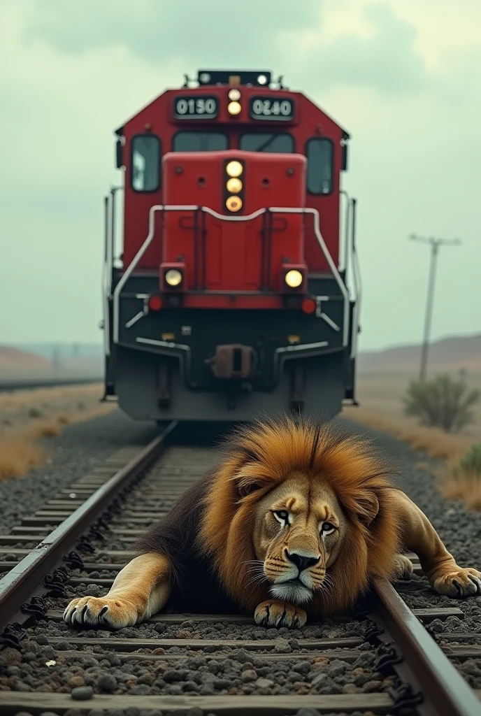 Red Train with a dead lion in front - SeaArt AI