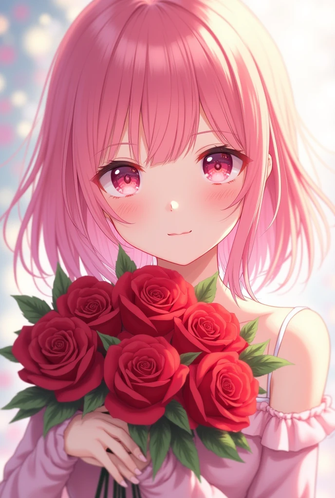 Pink-haired anime, pink eyes holding a bouquet of red roses - SeaArt AI