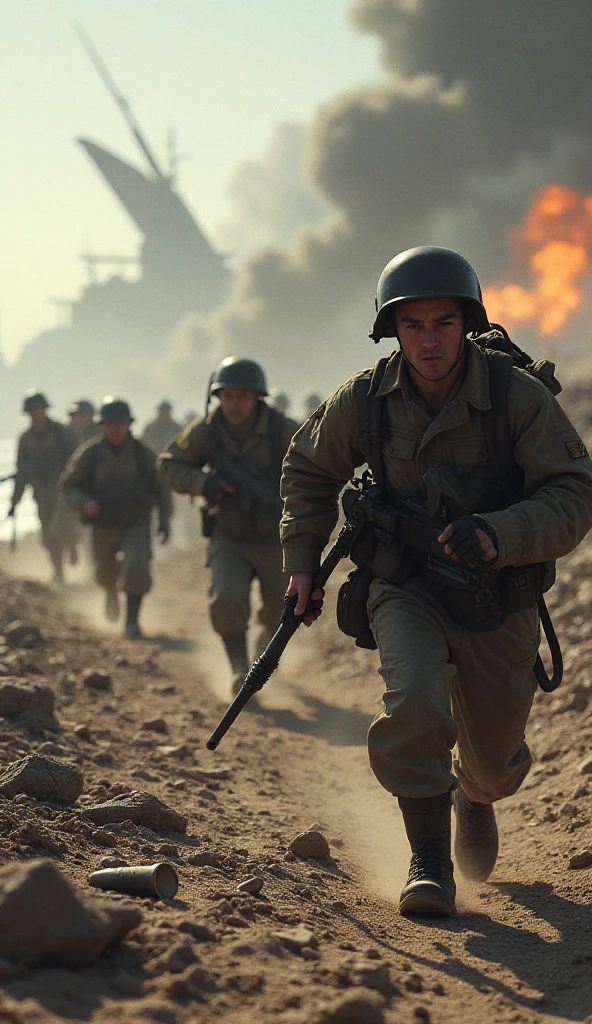 Realistic depiction of soldiers storming towards fortified Nazi ...