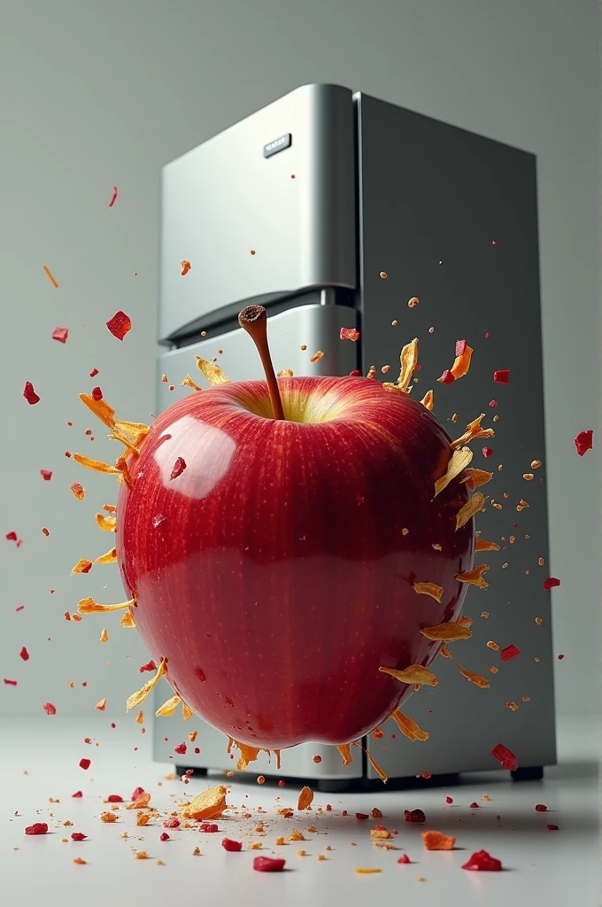 a red apple being smashed by a fridge - SeaArt AI