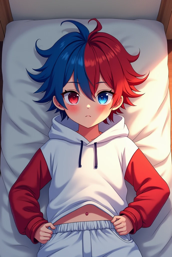 Young boy with half blue half red messy hair and one eye is red and ...