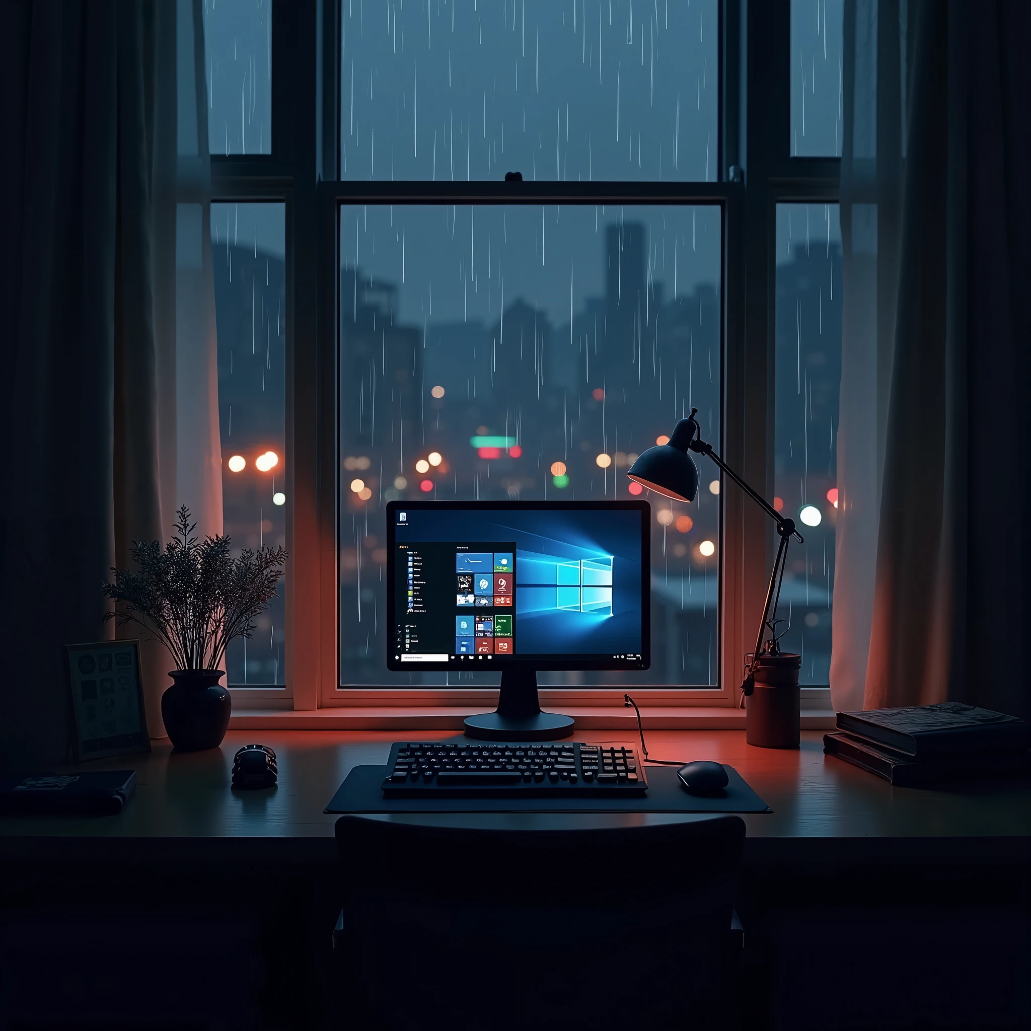 There is a computer monitor sitting on a desk in front of a window ...