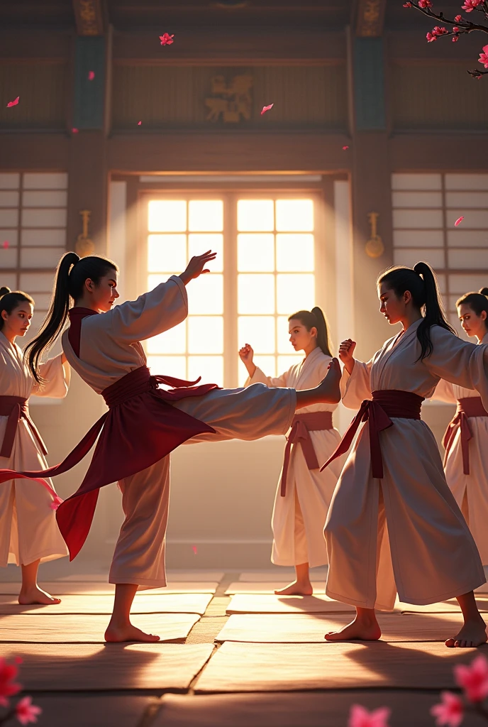 Group of women martial arts fighters in an RPG dojo - SeaArt AI