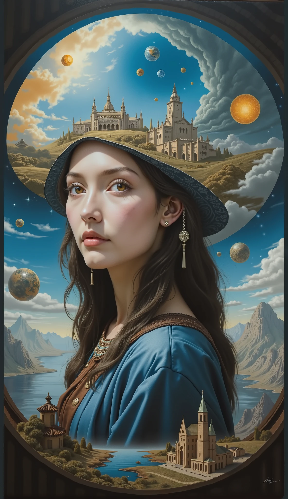 Painting of a woman with a hat and a castle in the background - SeaArt AI