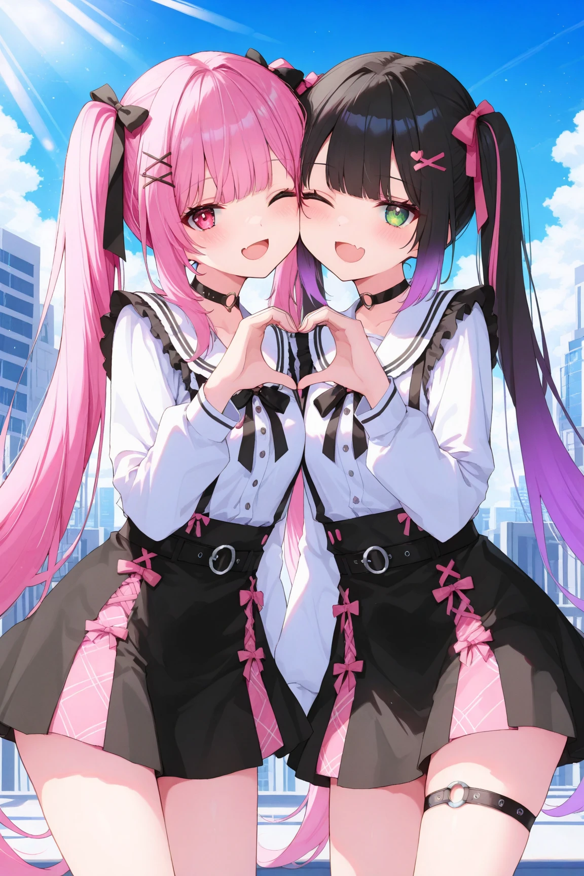 2girls,(Twin tails),Black Hair,purple hair,gradient hair,Very long hair ...