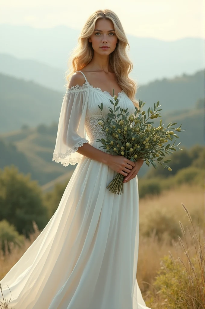 A lady full dress white holding a olive plants - SeaArt AI