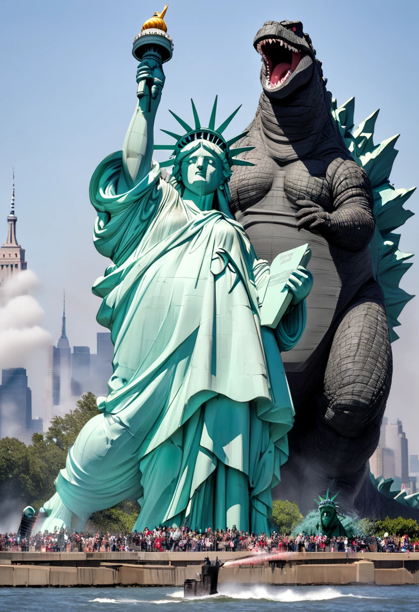 Statue of Liberty vs. Godzilla , dressed as Statue of Liberty - SeaArt AI