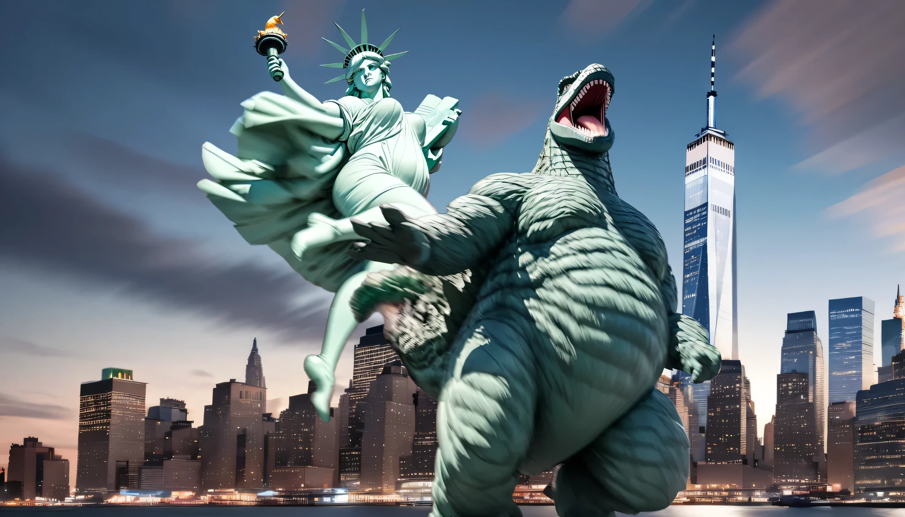 Statue of liberty and godzilla statue in front of a city skyline ...