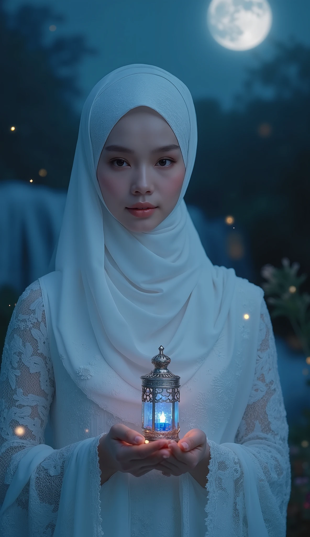Arafed woman in a white hijab holding a lantern in her hands - SeaArt AI