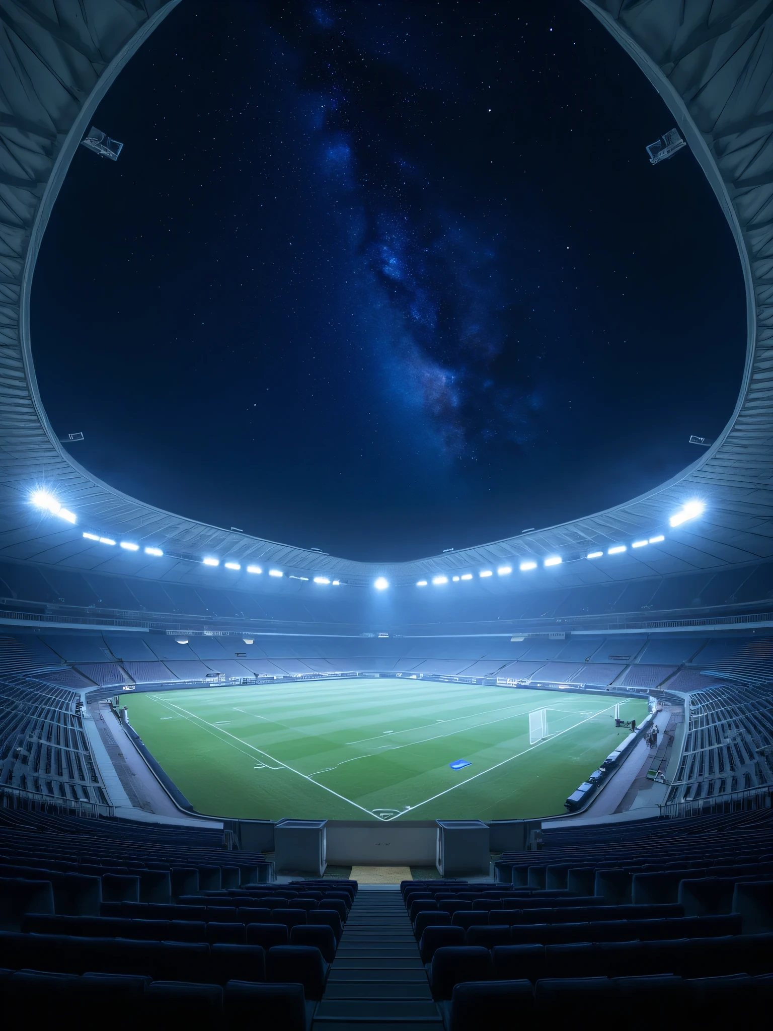 Arafed view of a soccer stadium with a field and a sky full of stars ...