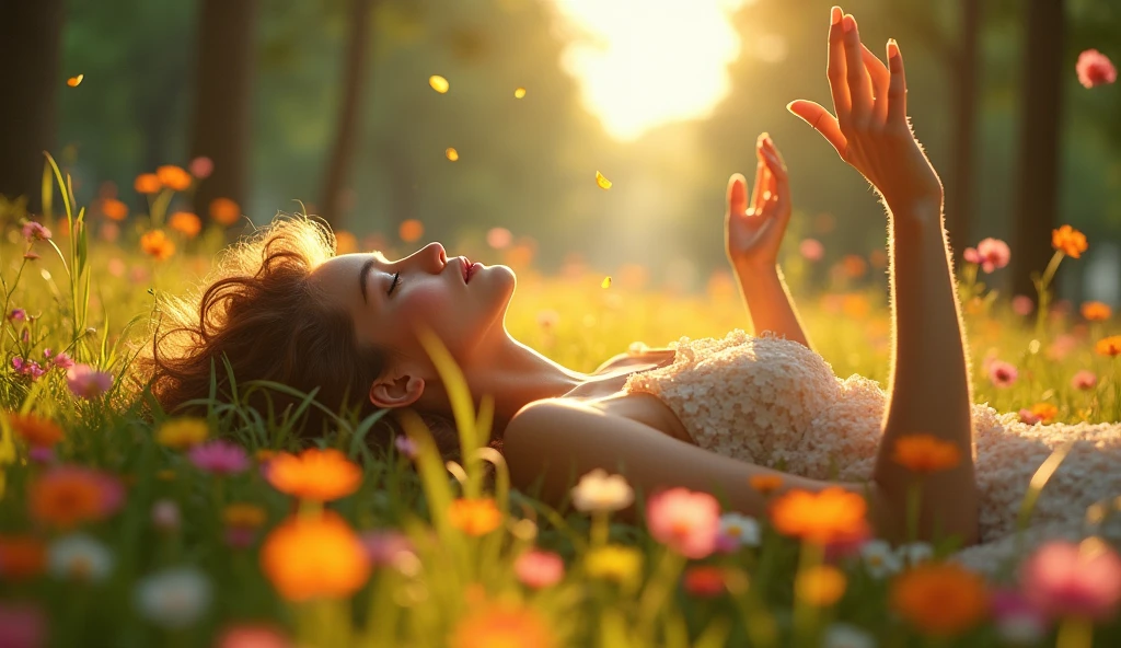 A young woman lies on a bed of flowers in a dreamy meadow. The camera ...