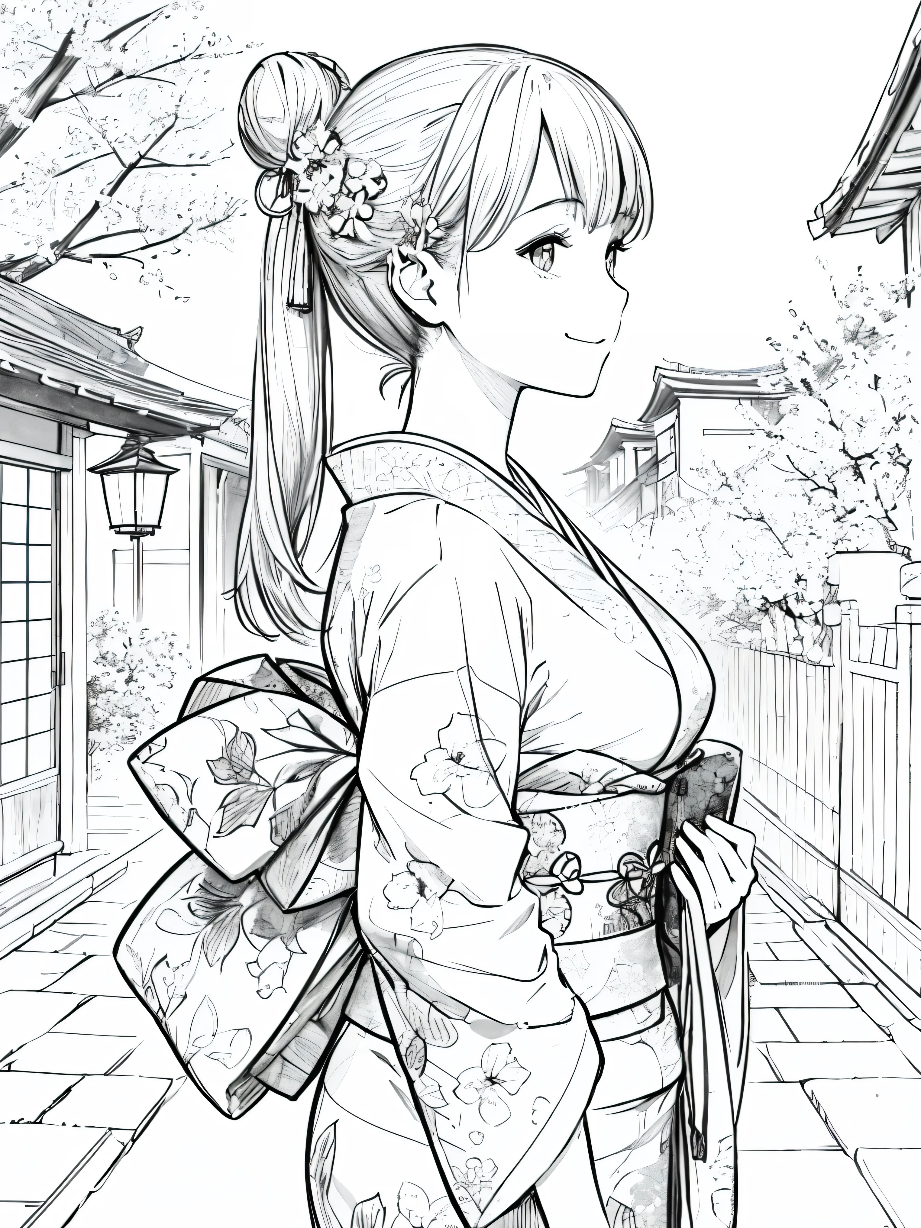 A drawing of a woman in a kimono outfit walking down a street - SeaArt AI