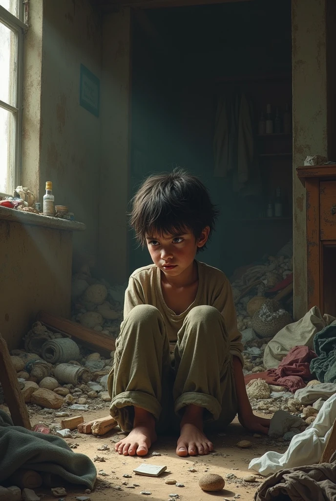 A poor boy in a room full of trash, looking sad - SeaArt AI