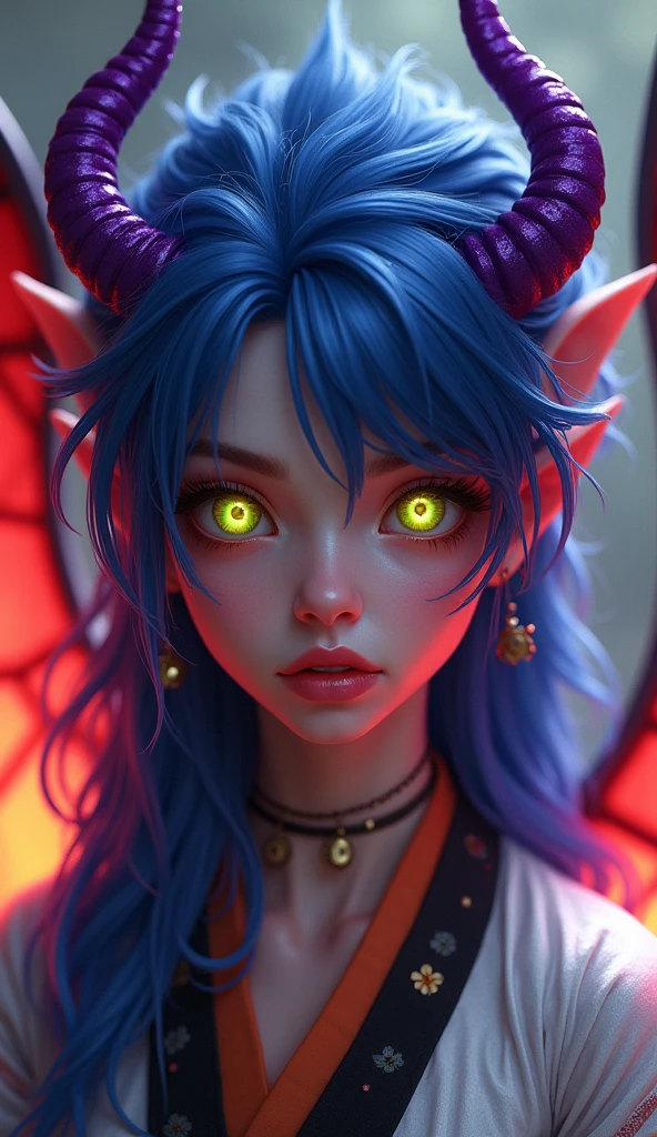 A hyper-realistic female angel with long, spiked blue hair that glows ...