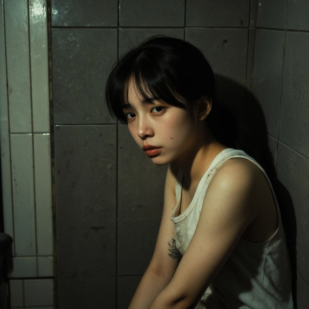 18-year-old girl,dirty white tank top ,dirty public toilet corner - SeaArt AI