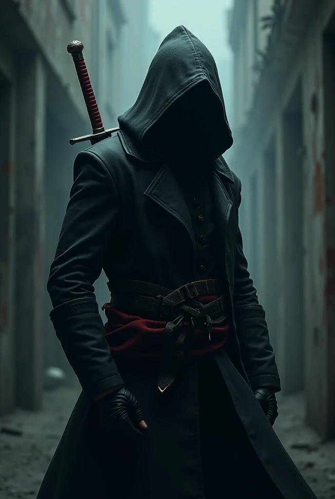 Assassin swordsman with a hood hiding his face with a sword behind his ...