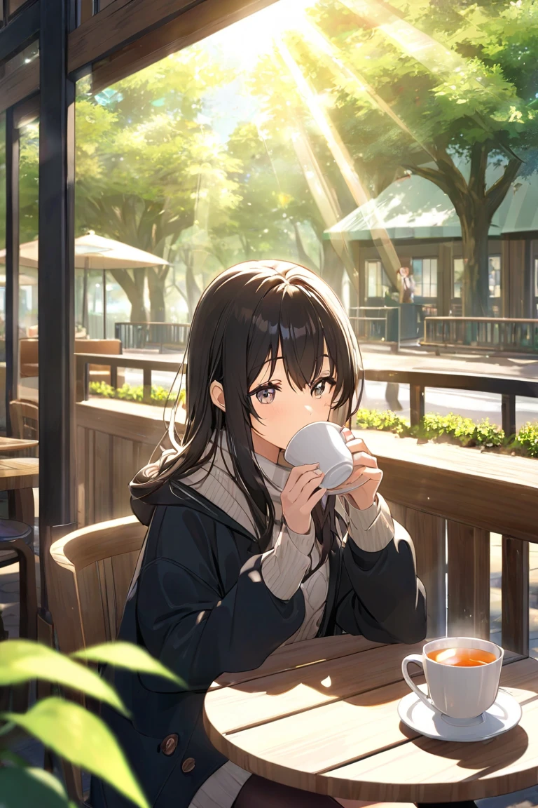 "An anime character sipping tea in a cozy outdoor cafe, with soft ...