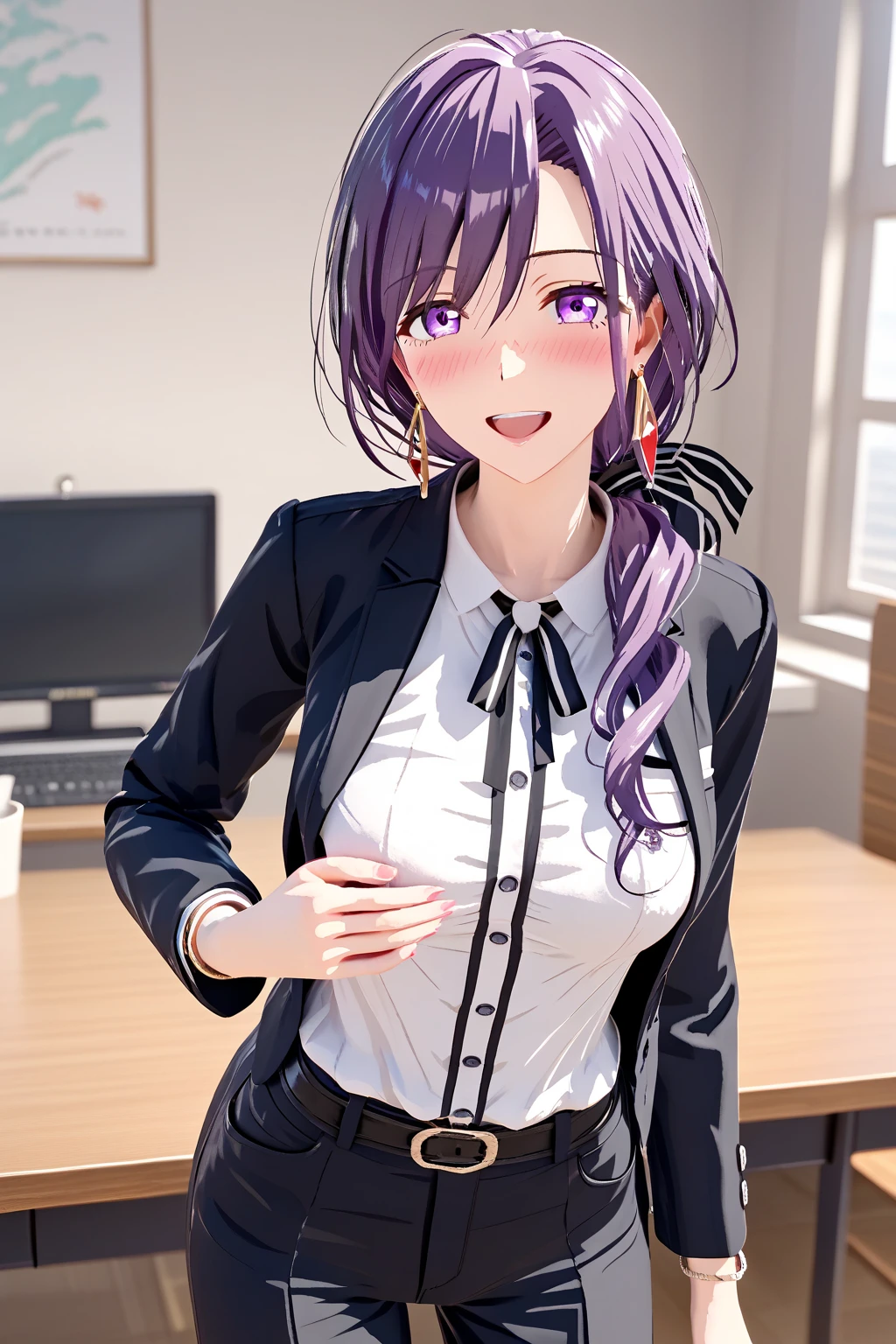 Solo, TsurugiRyoka,(looking at viewer), jewelry , earring , purple eyes ...