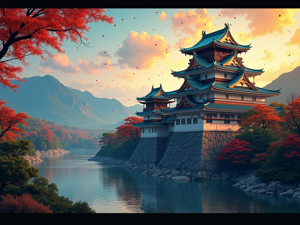 Reproduce Japanese castles with stained glass paintings。 - SeaArt AI