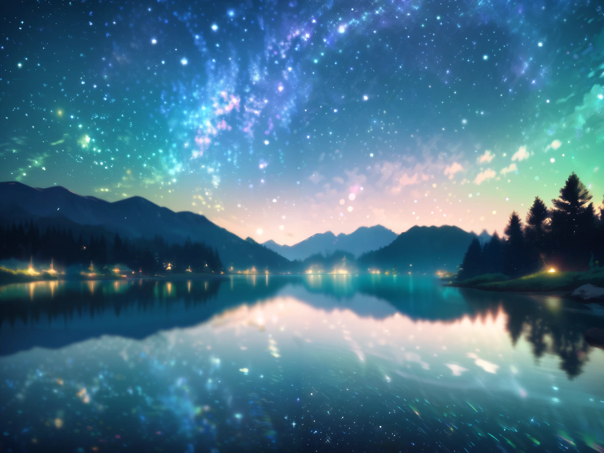 Starry night sky over a lake with a mountain range in the background ...