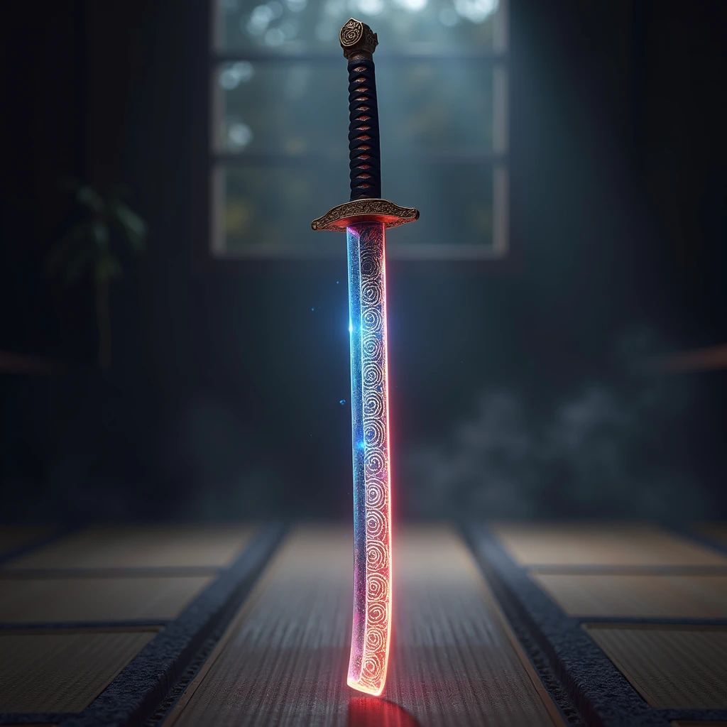 A portrait of an artistic katana featuring smooth iridescent flow ...