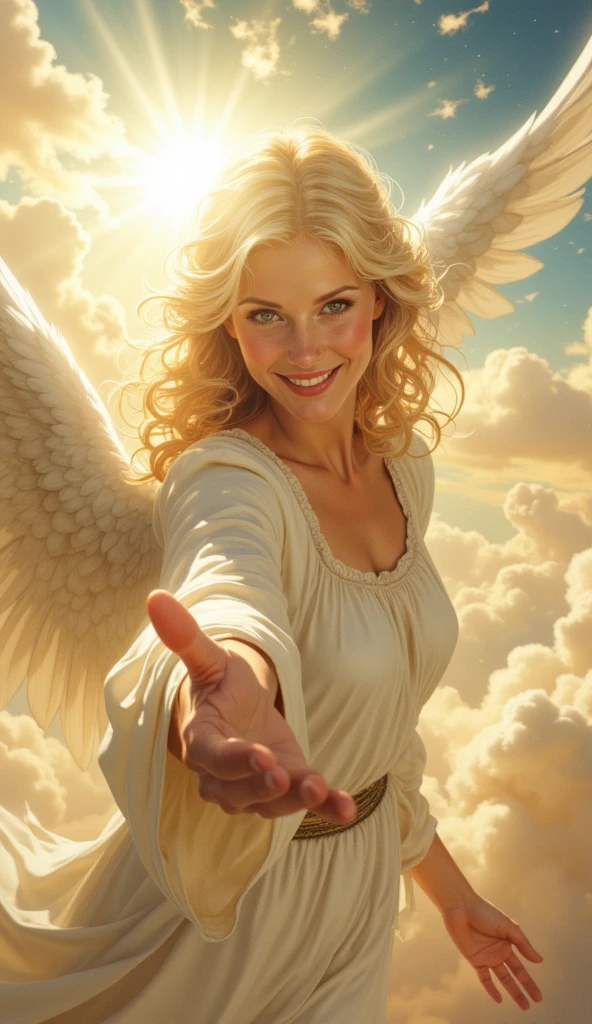 An angel flying down from the sky, strong backlight of sunshine - SeaArt AI