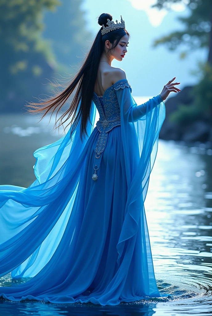 A woman in a blue dress and a crown is standing in the water - SeaArt AI