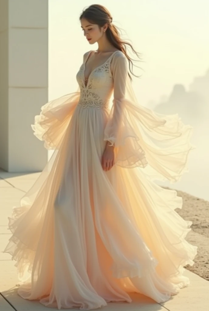 Long dress, long sleeves, fluffy dress, light colors like light purple ...