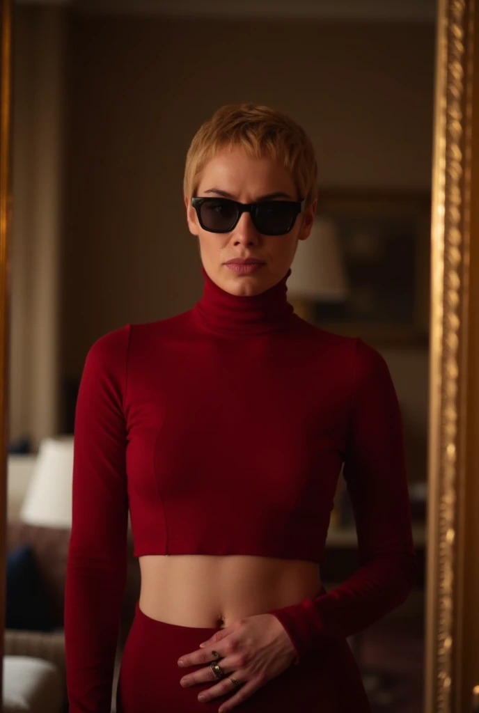 Cersei Lannister,sunglasses,red midriff turtleneck,navel tattoo - SeaArt AI