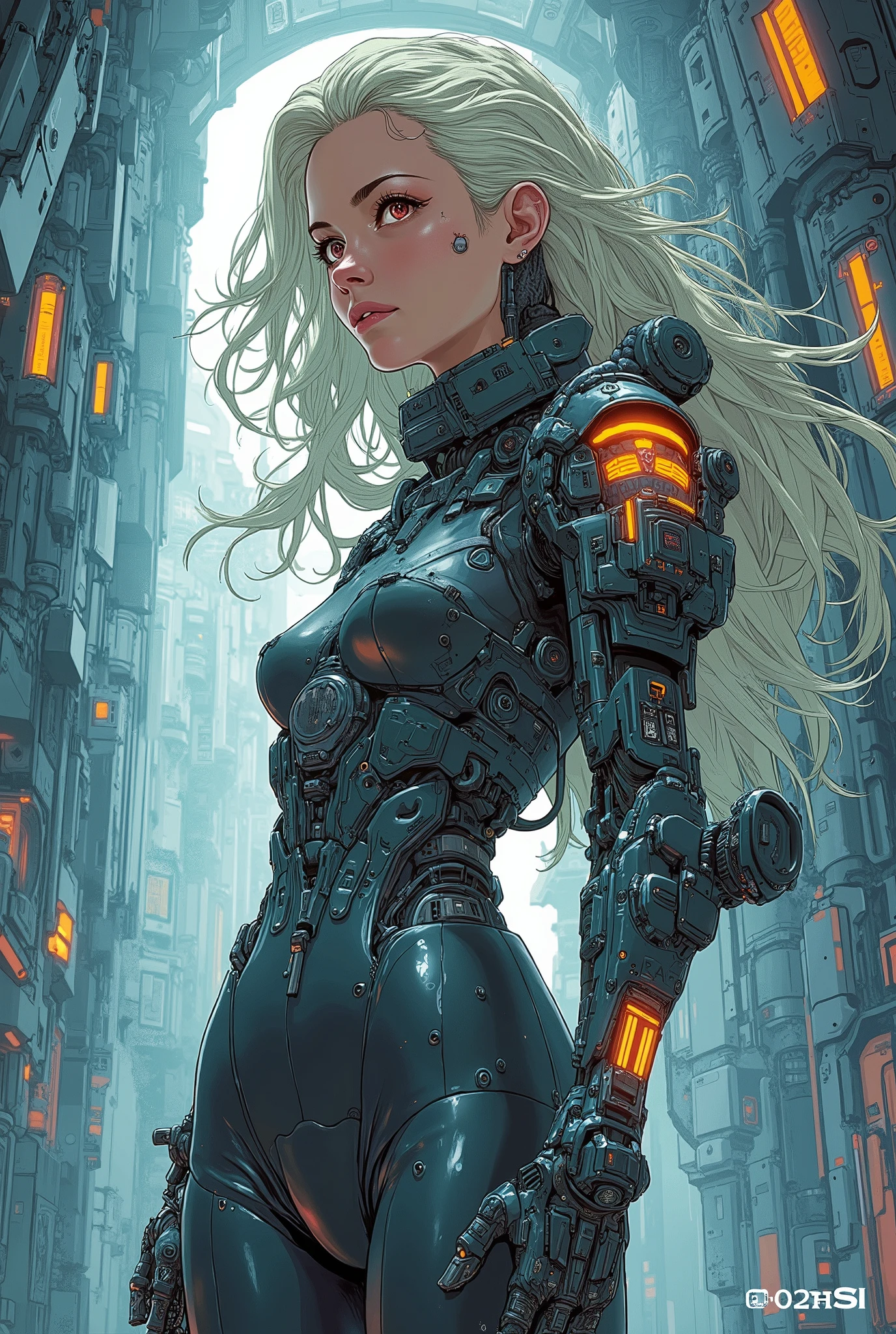 A close up of a woman in a futuristic suit standing in a city - SeaArt AI