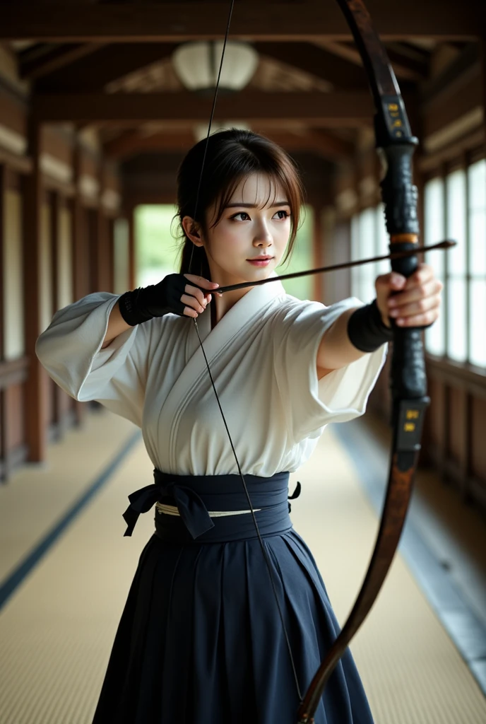 A beautiful Japanese woman in a traditional kyūdō uniform, standing in ...