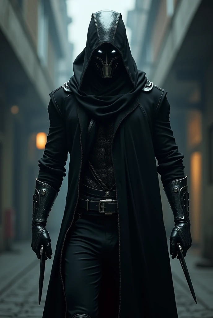 A male version of robotic head assassin with his hoods on that wears ...