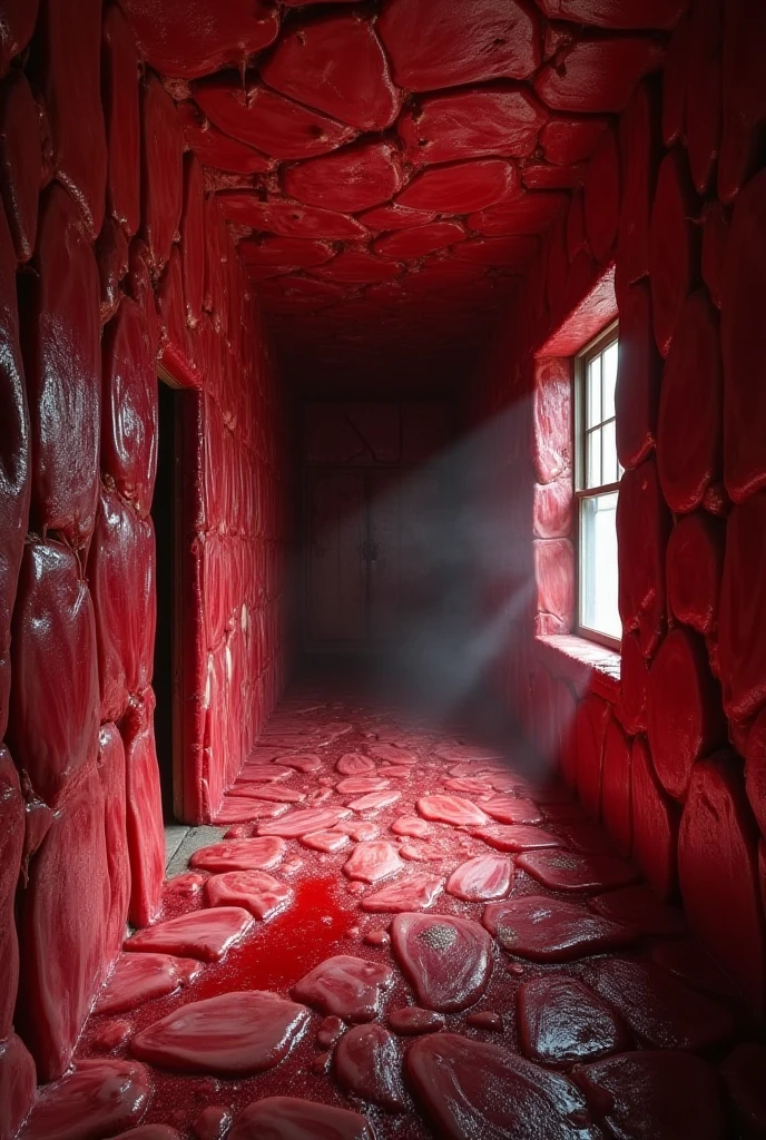 **Prompt:** " An abandoned house completely covered by raw meat in ...