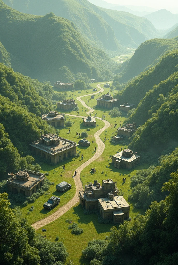 a gaming battlefield, green, with small structures - SeaArt AI