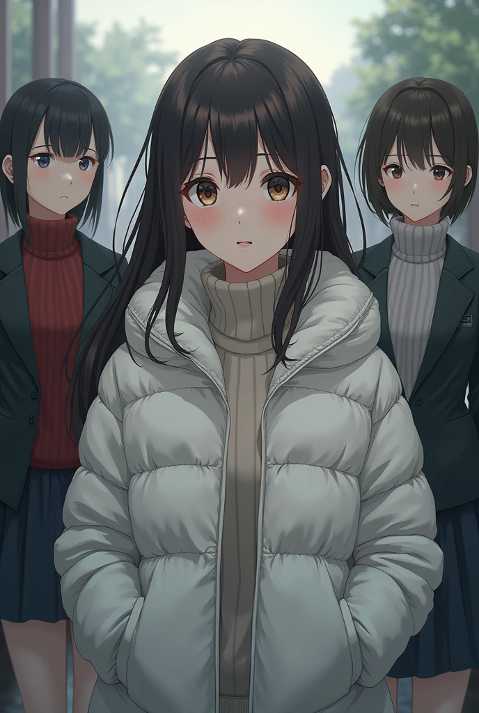 White puffer jacket rich anime girl got bullied and other girls keep ...