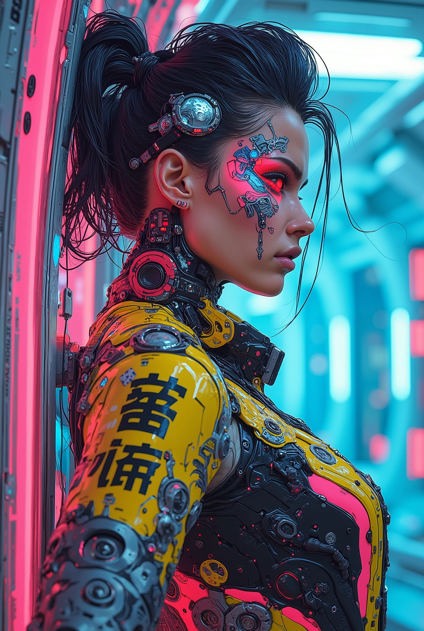 Cyber woman with pink and blue makeup and a black and yellow jacket ...