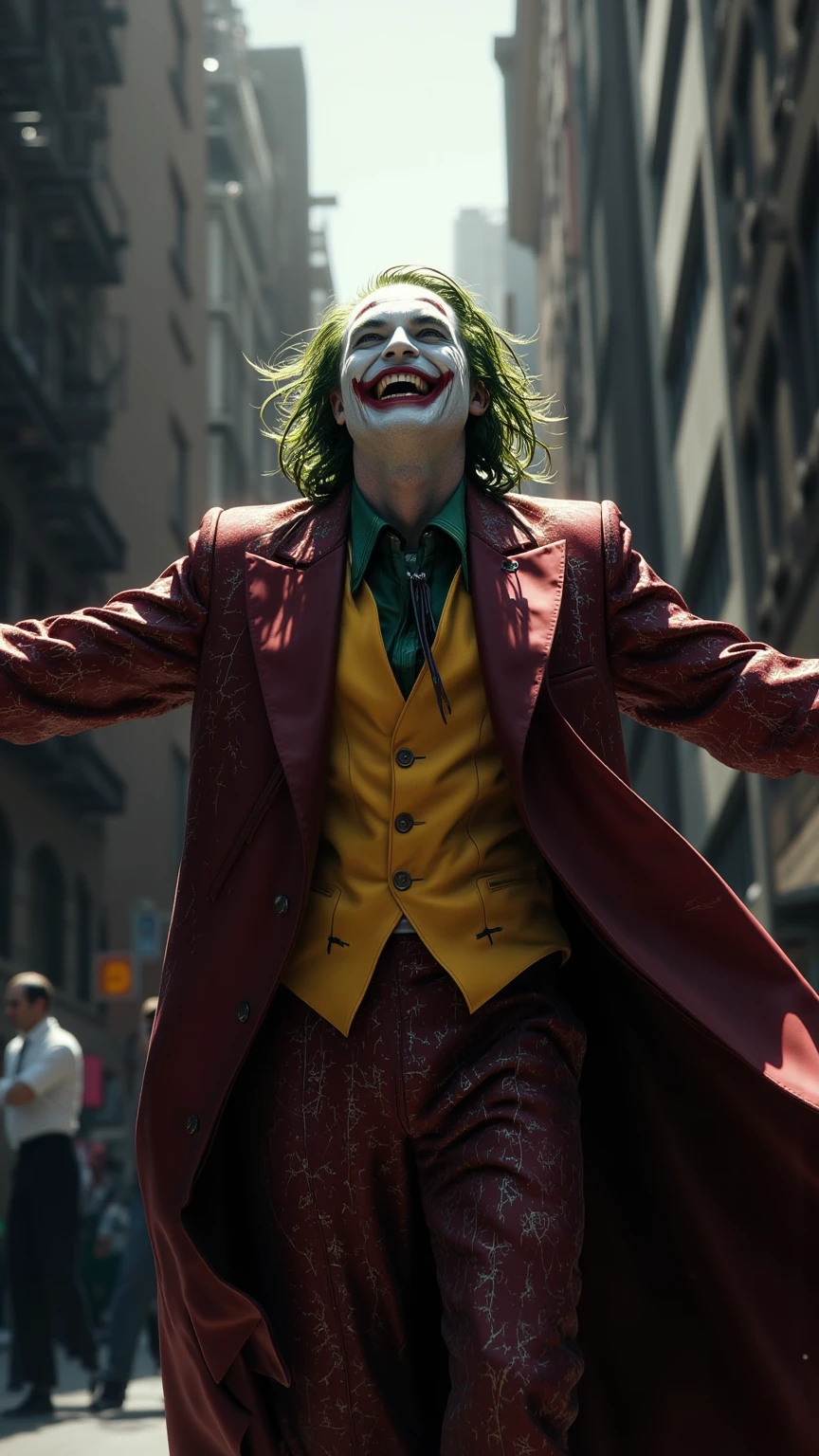 (realistic image shot from ground-level ((joker acted by Heath Ledger ...