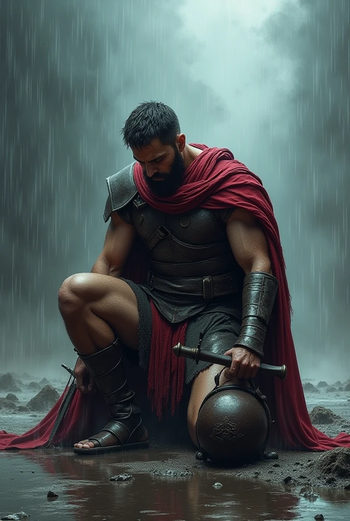 A Spartan warrior with his helmet kneeling after a defeat, In the ...