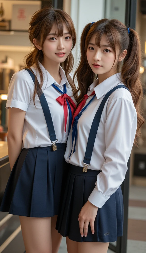 (( 2 women:1.8)), gal, (Two high school students), ( shopping mall standing in - SeaArt AI