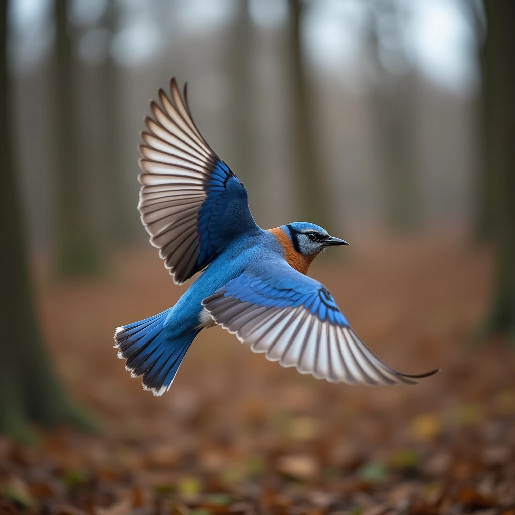 The image is a photograph of a bluebird in mid-flight. The bird is in ...