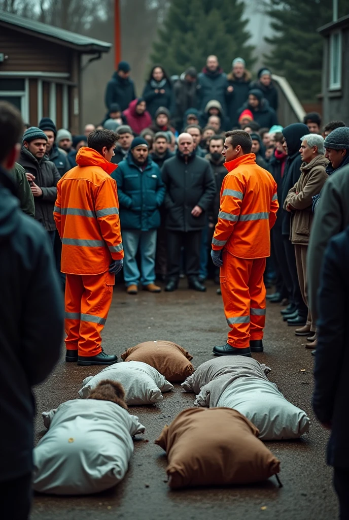 A solemn scene set outdoors with a small crowd of people gathered ...
