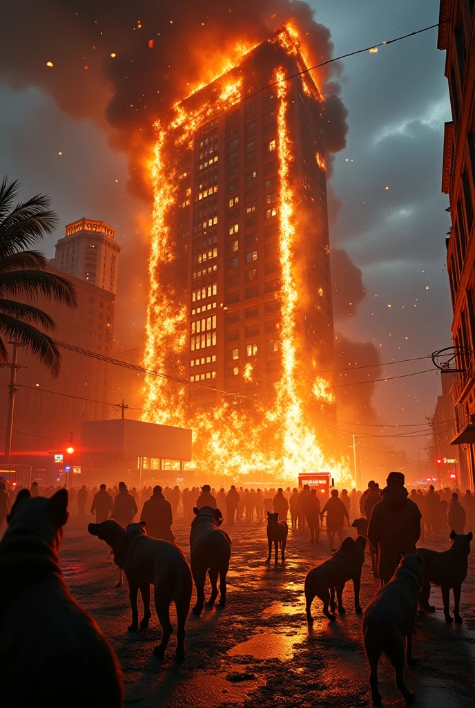 "A dramatic scene of a long, modern building engulfed in roaring flames ...