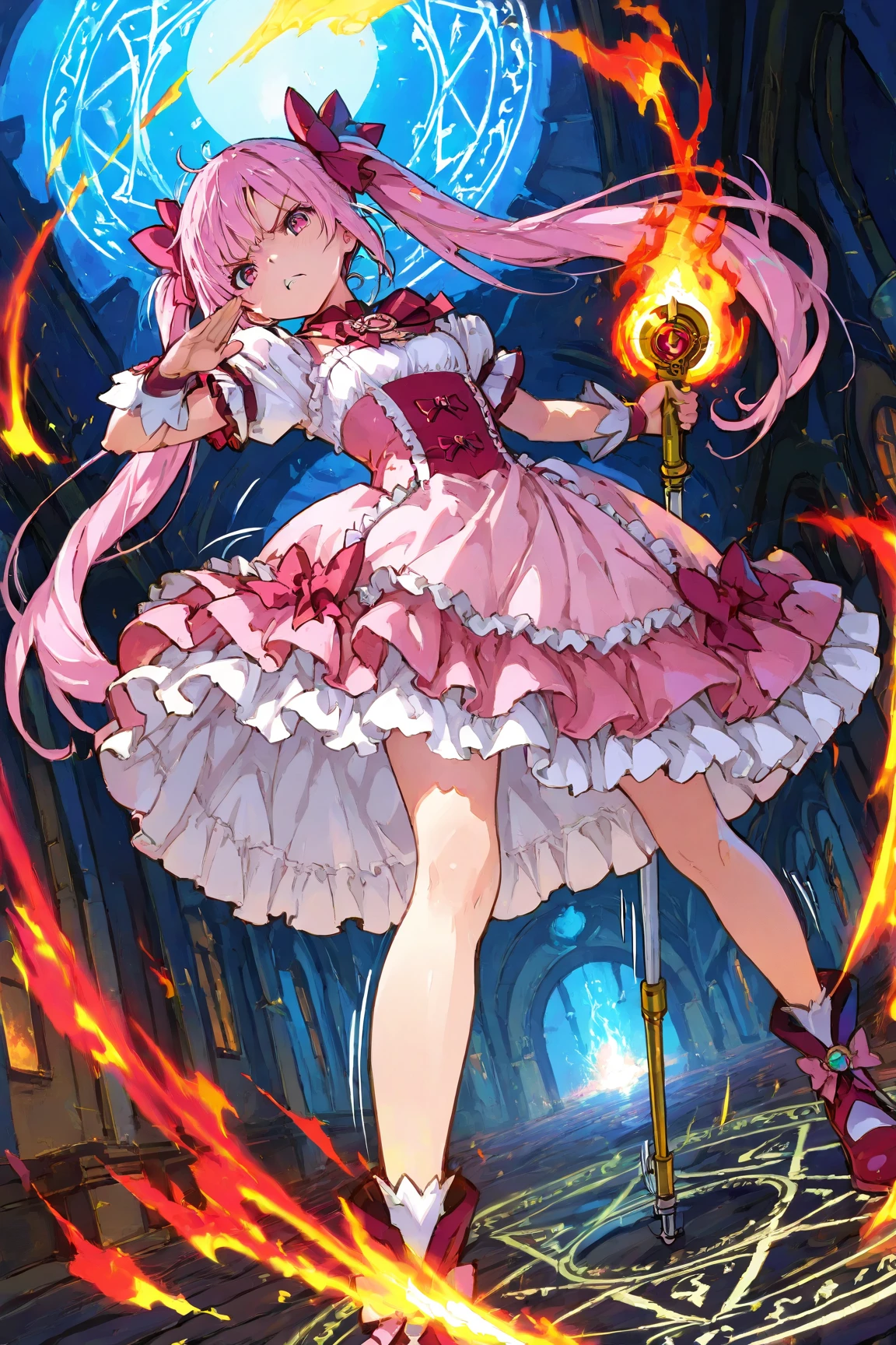 1girl,magical girl,(mechanical cane,pink frill dress),fighting pose ...