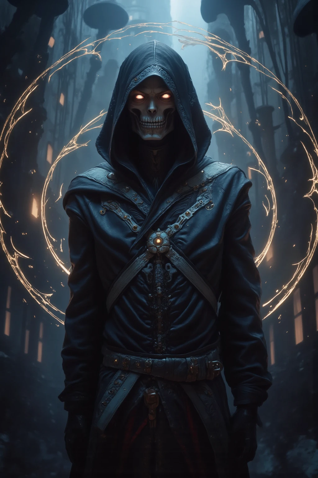 A realistic and powerful image of a hooded skeleton magician - SeaArt AI