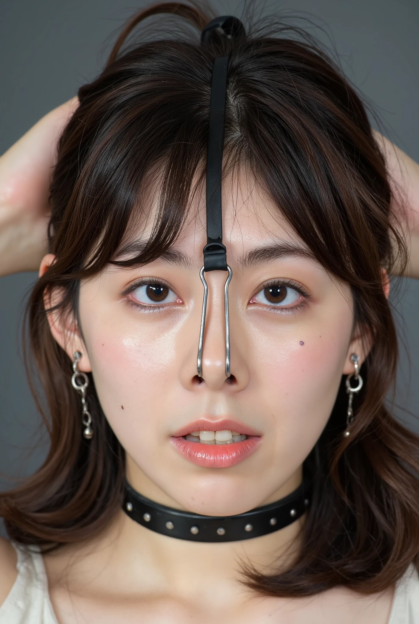 Arafed woman with a pair of scissors on her forehead - SeaArt AI