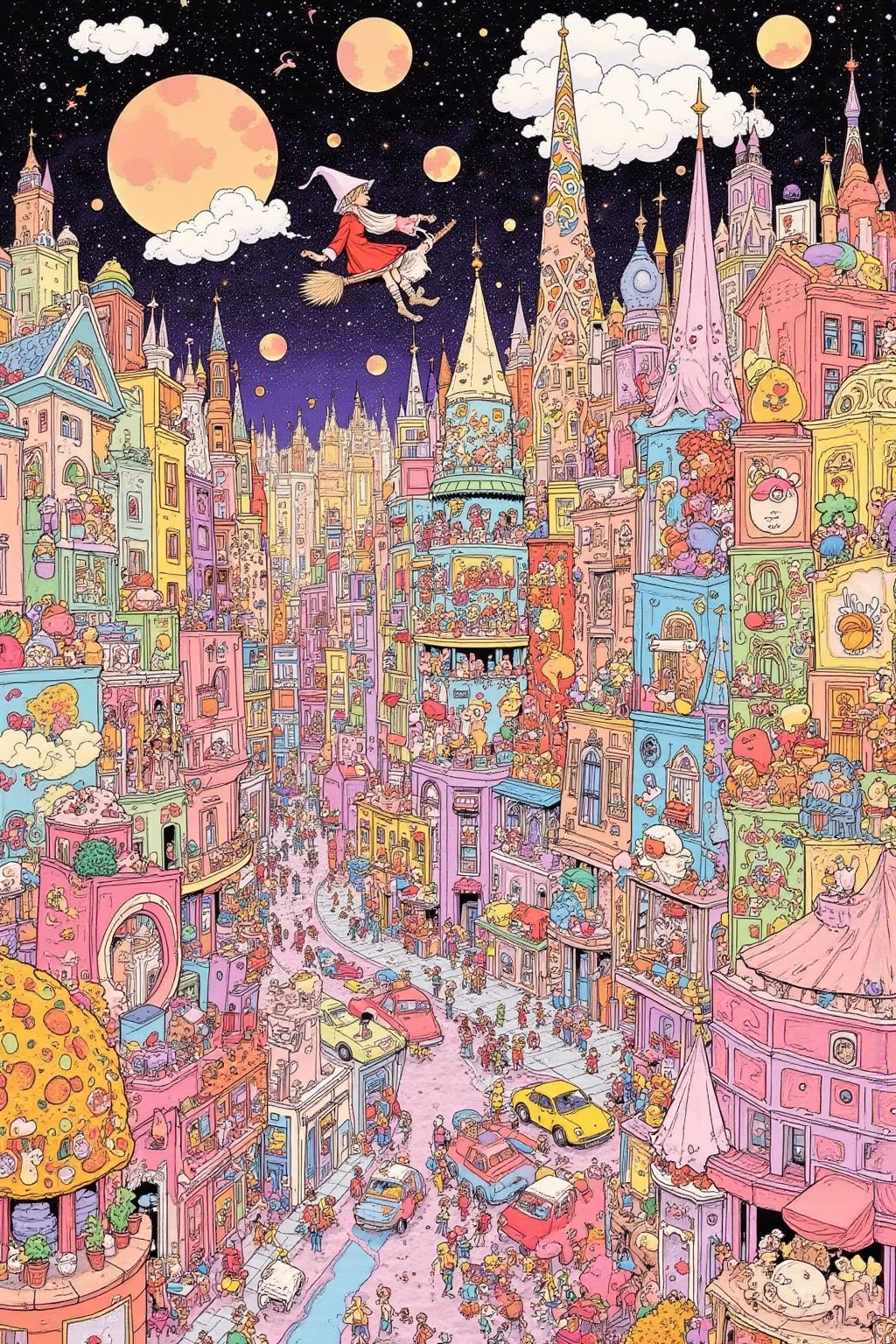 the girl in the flying wizard riding a broom,A girl and a dog look up ...