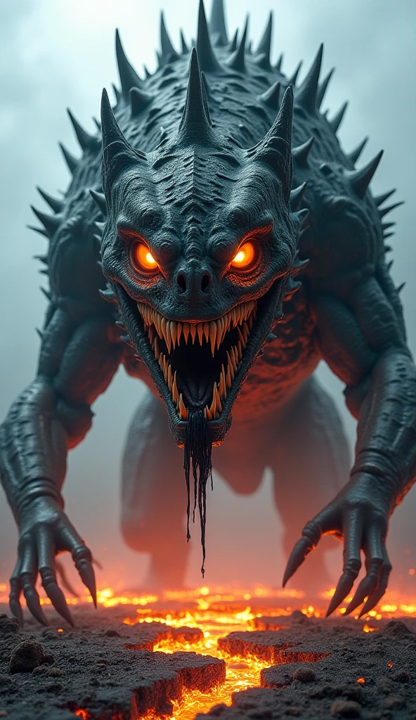 The creature, the size of a building, looks horrifying with jagged ...