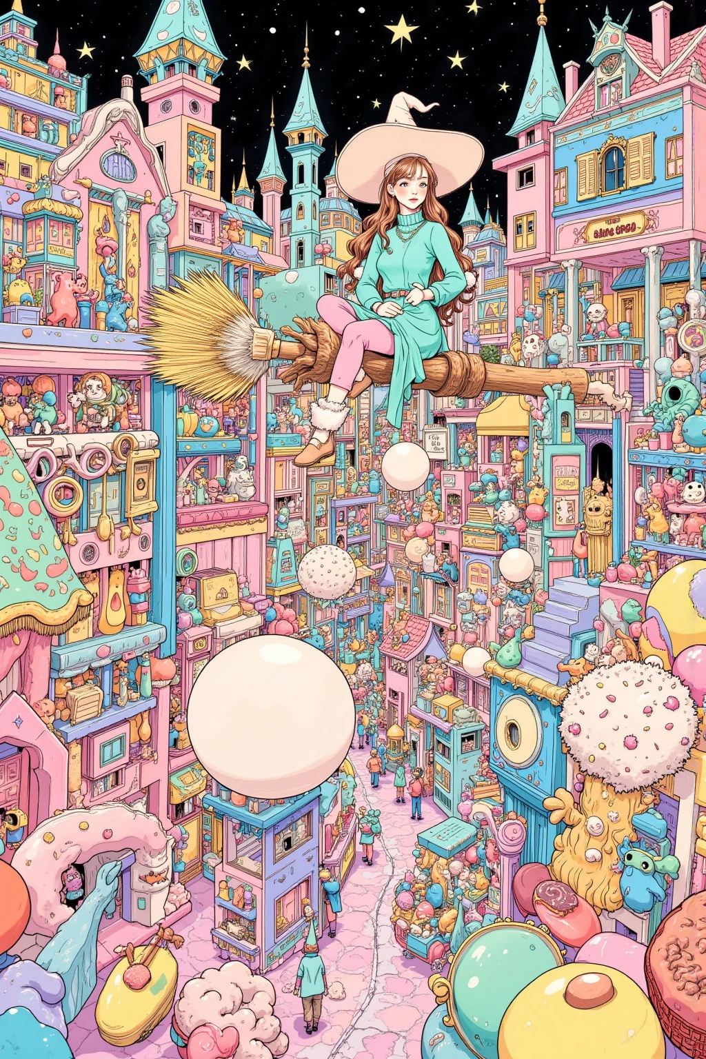 the girl in the flying wizard riding a broom,A girl and a dog look up ...