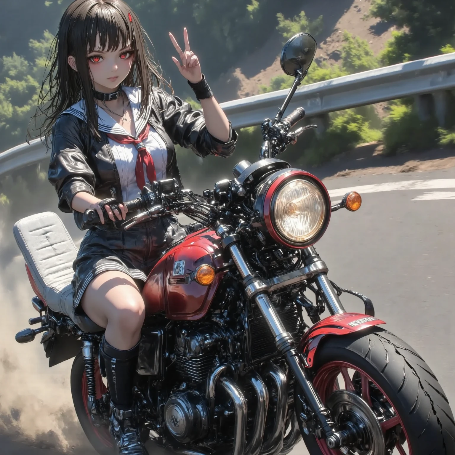 1GIRL\(glossy dark skin,sailor suit,slouch socks,smirk,open mouth ...